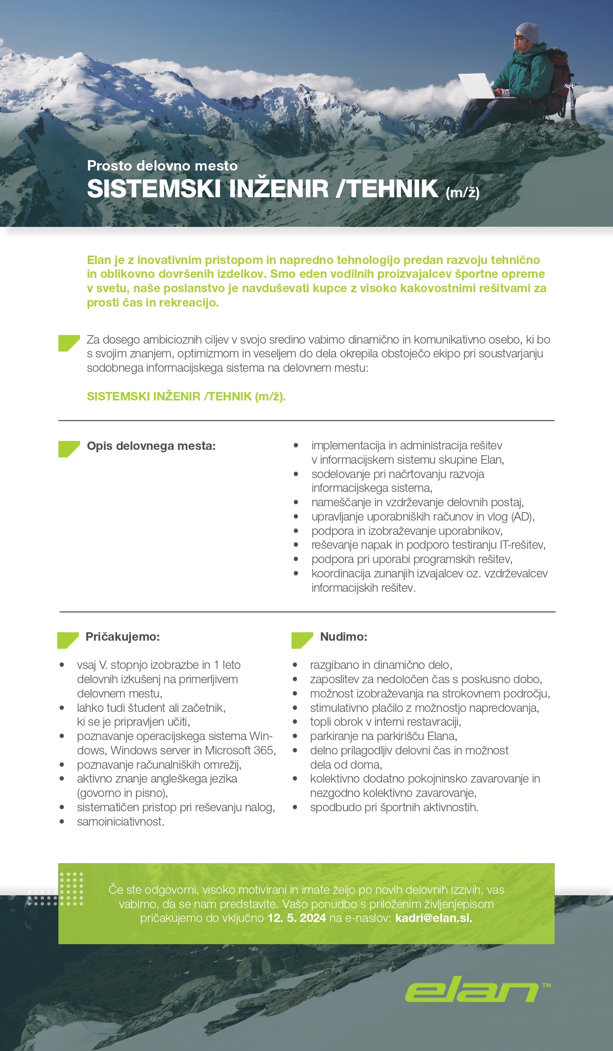 SISTEMSKI INŽENIR /TEHNIK (m/ž) | Elan